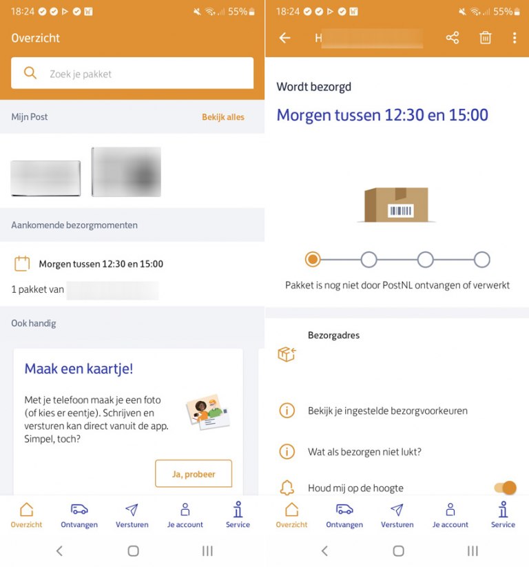 PostNL app test nieuw ontwerp met Overzicht-tabblad