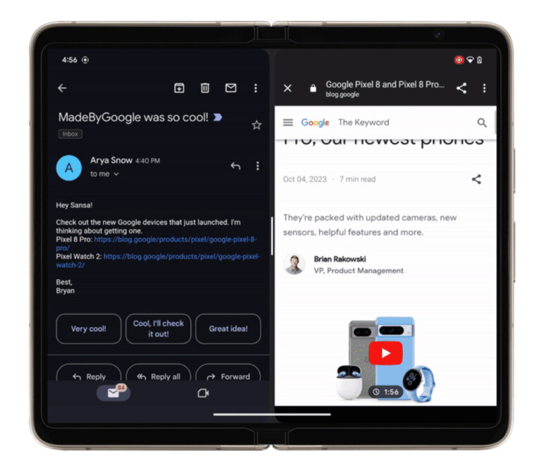 Gmail gebruikt splitscreen voor bijlage en links op foldables en tablets